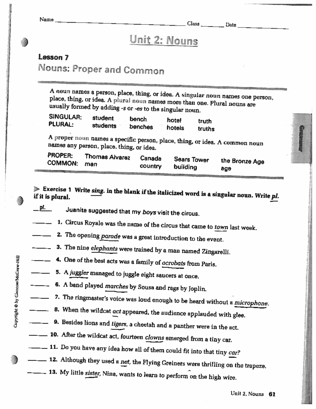 Lesson 7 nouns proper and common - Name Class Date Unit 2: Nouns Lesson ...