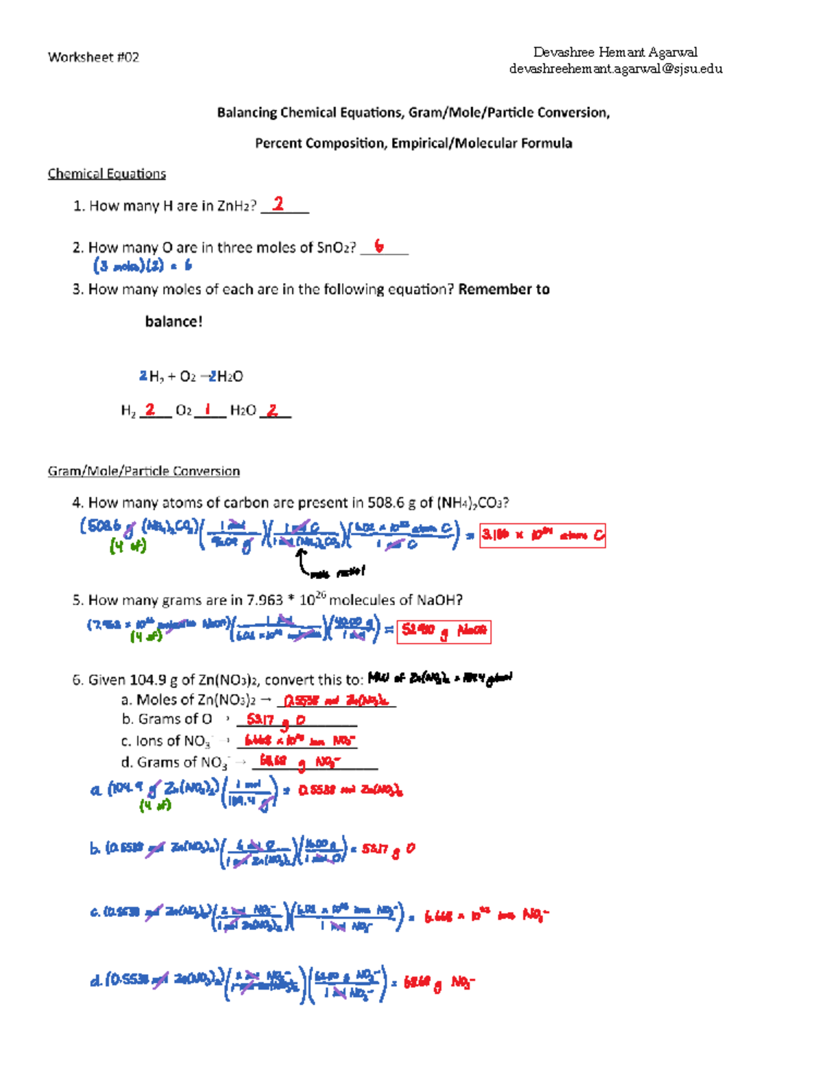Worksheet 2 Answer Key: Balancing Chemical Equations & Formulas - Studocu