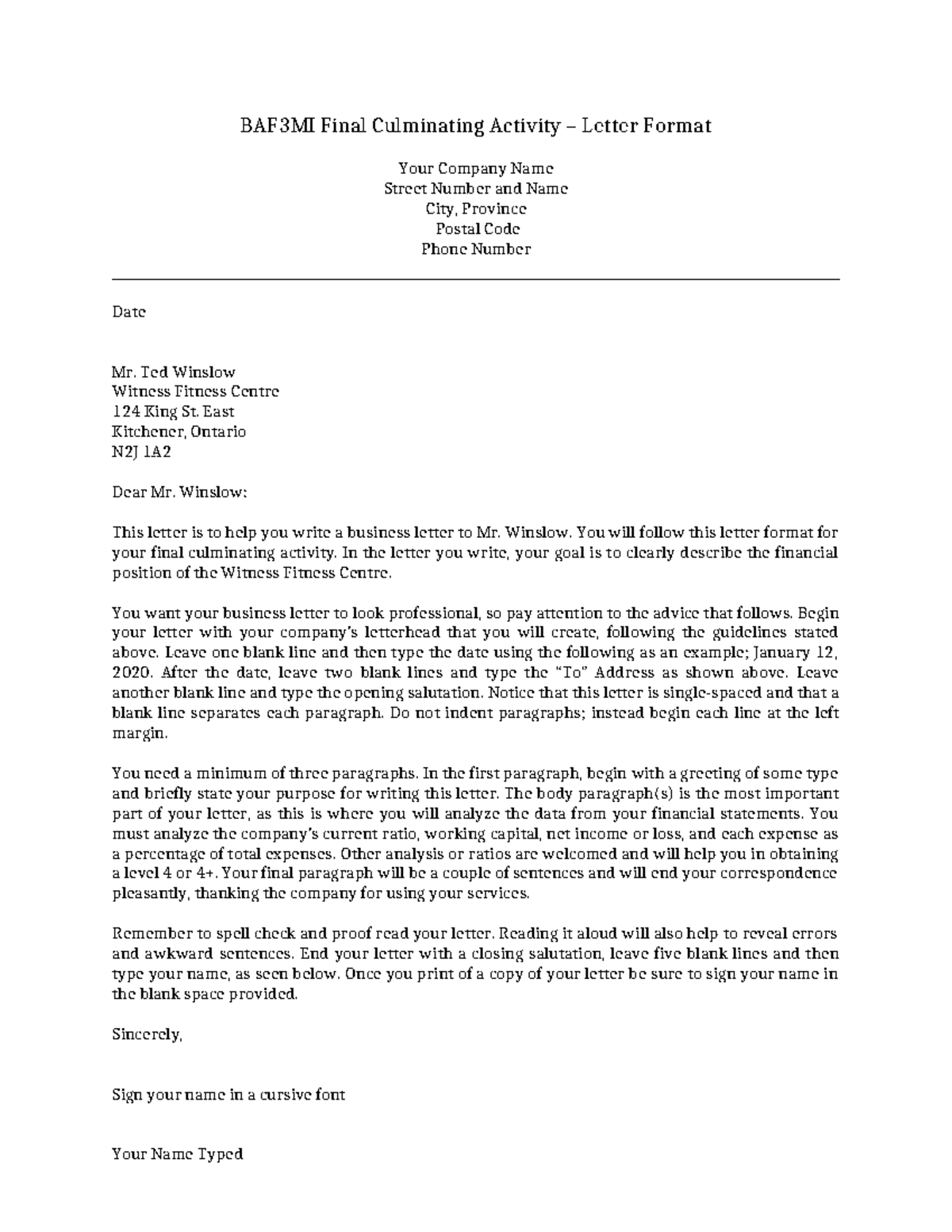 BAF3MI Final Culminating Activity - Business Letter Format Guidelines ...