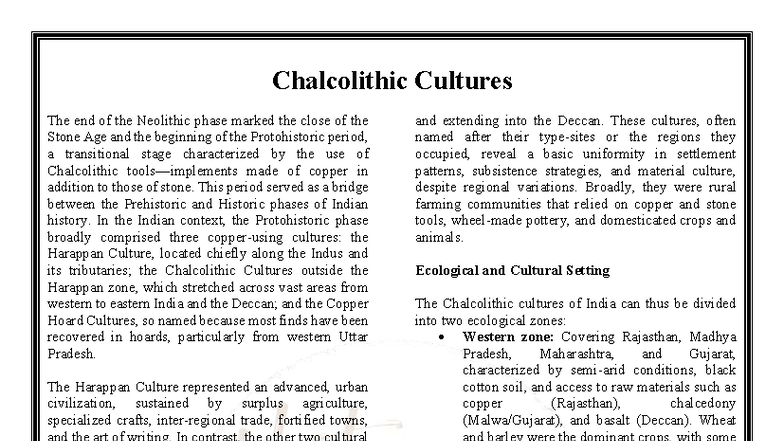Chalcolithic Cultures: Transition from Neolithic to Protohistoric India ...