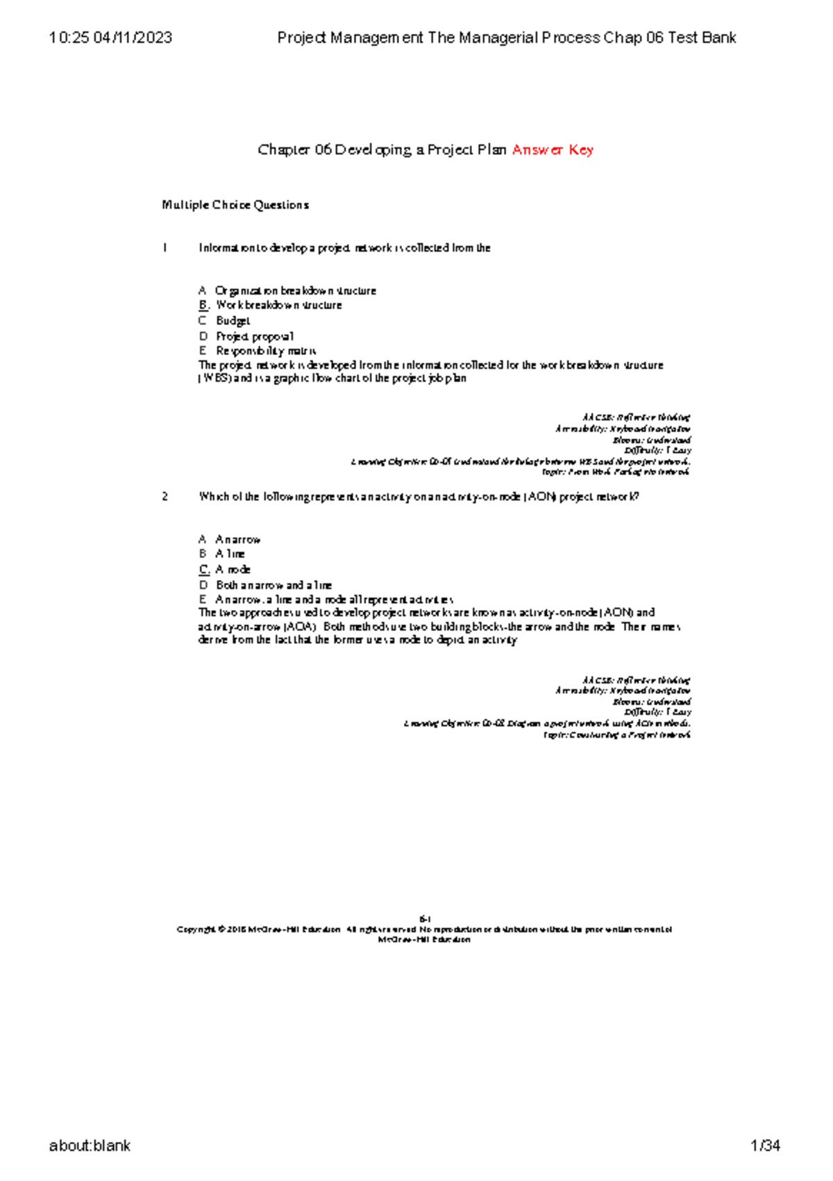Project Management The Managerial Process Chap 06 Test Bank - Studocu