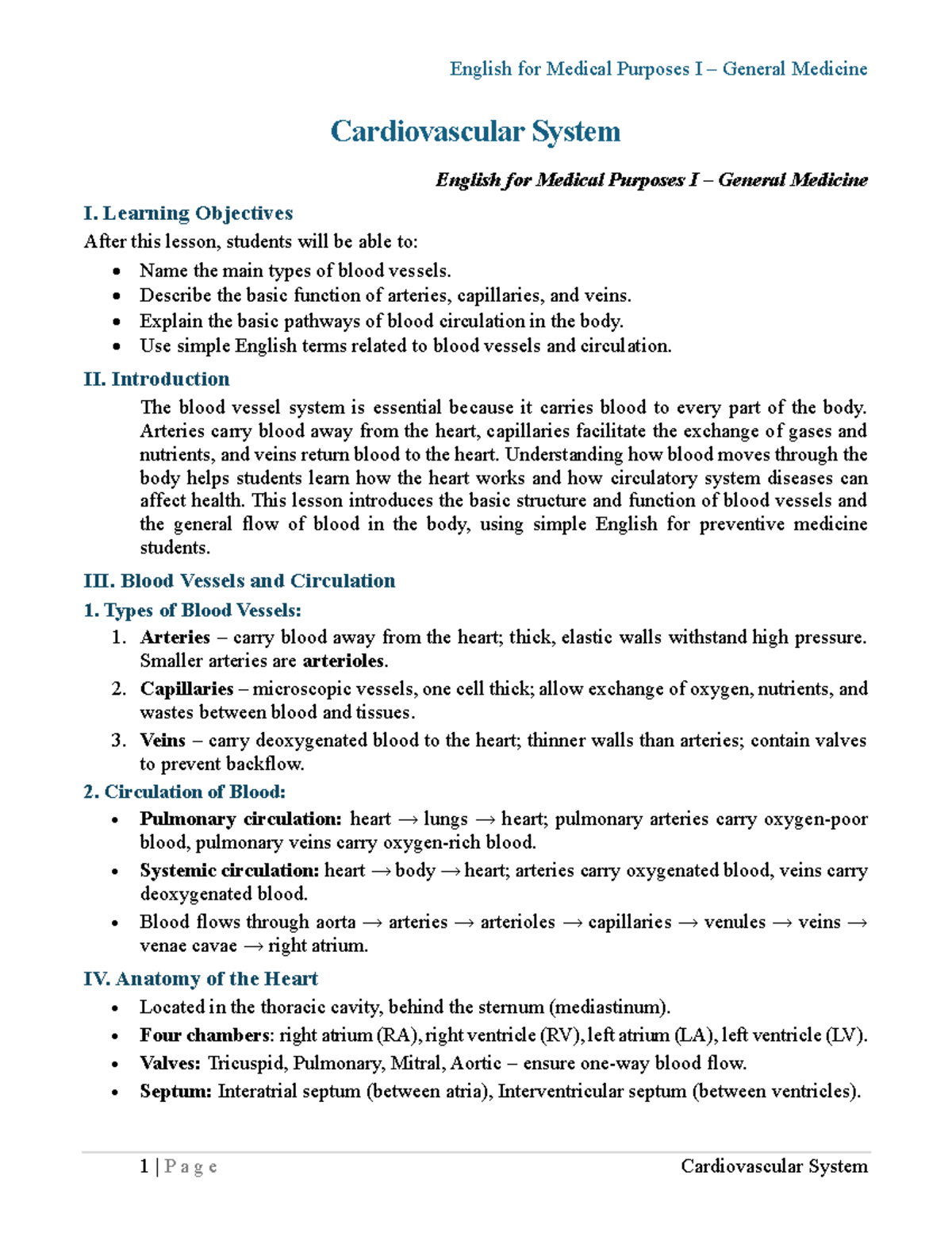 Cardiovascular System Overview - English for Medical Purposes I - Studocu