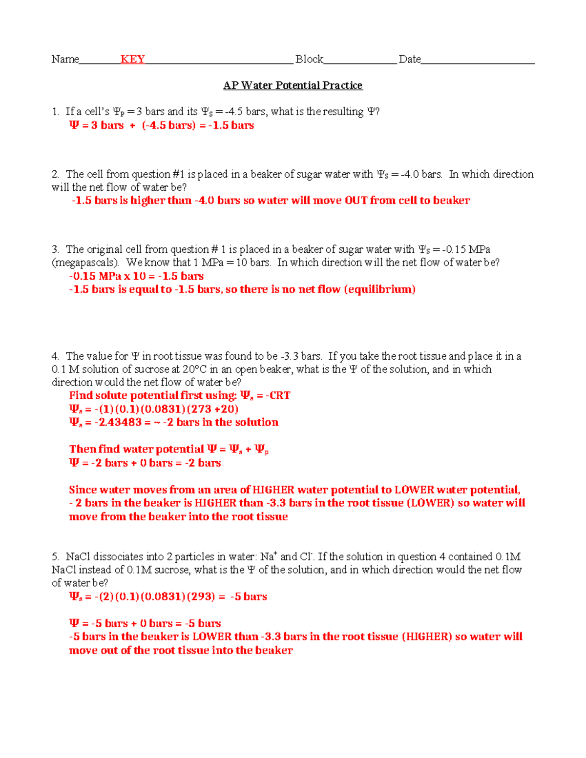 water potential practice key - Name KEY Block Date AP Water Potential ...