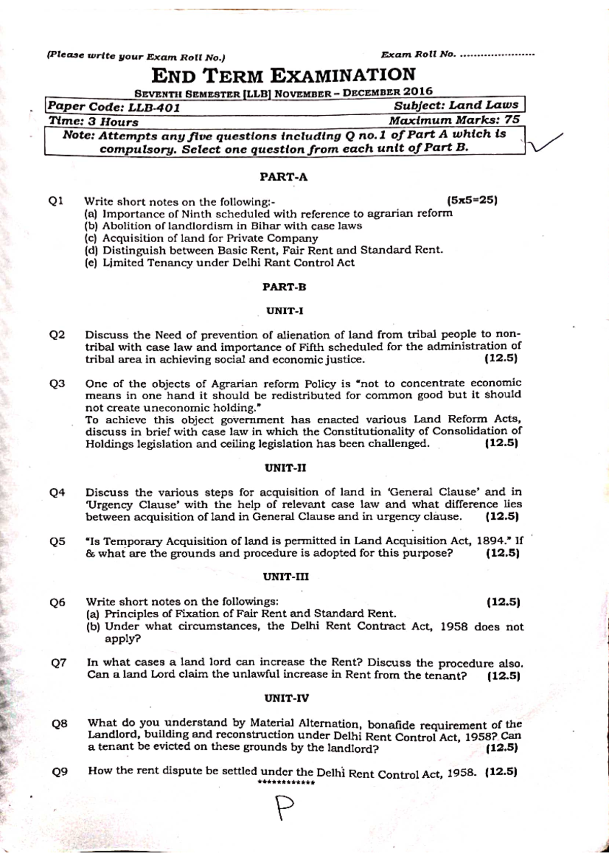 Land law - Previous year question paper - (Please write your Exam Roll ...