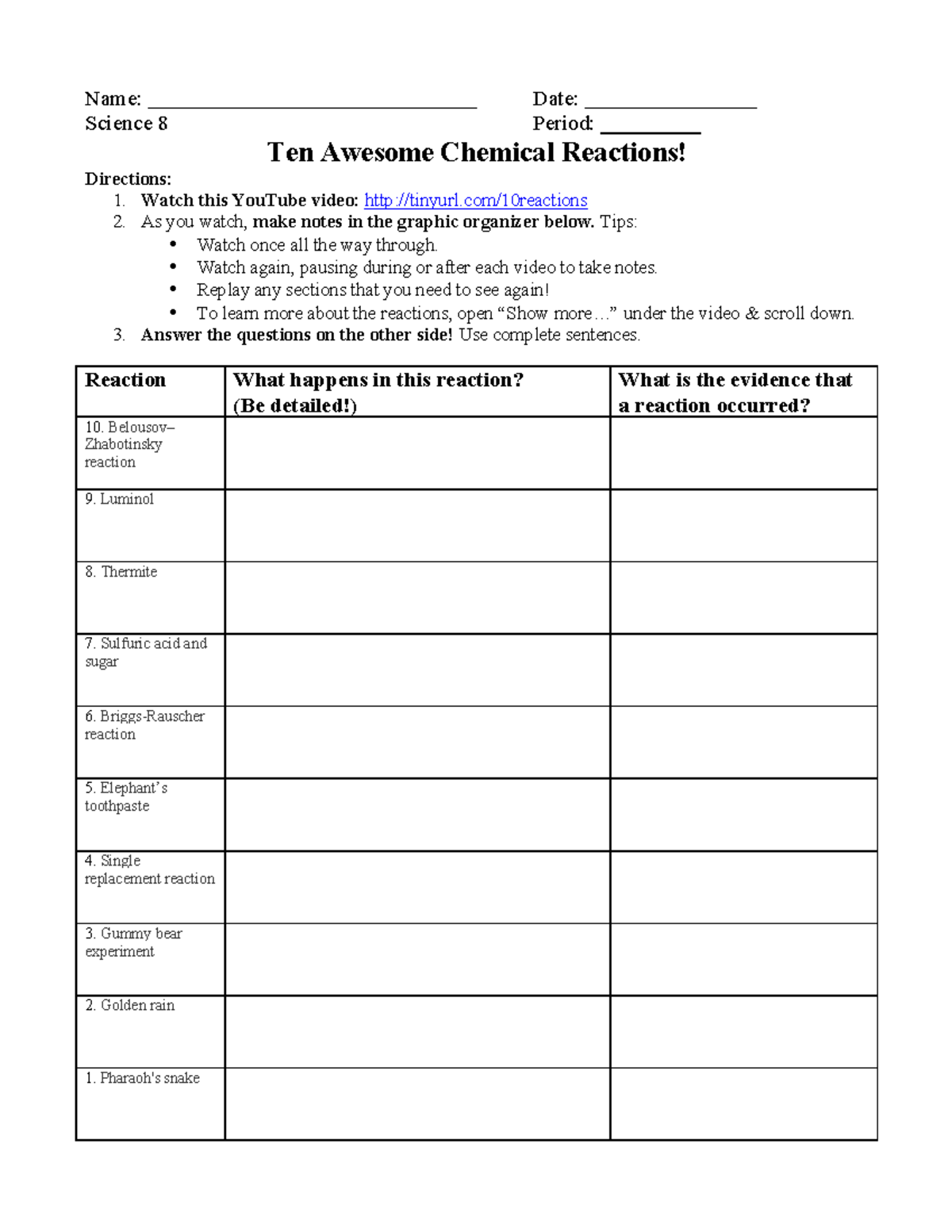 Evidence of Chemical Reactions worksheet using youtube video - Name ...