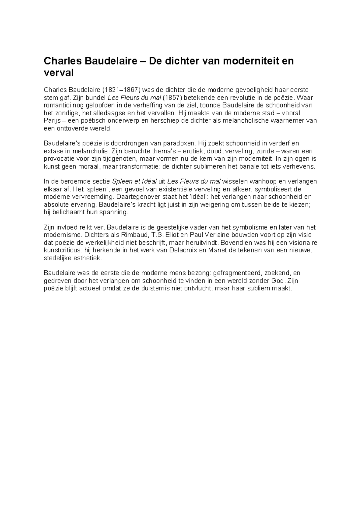 Charles Baudelaire: Dichter van Moderniteit en Verval - Studeersnel