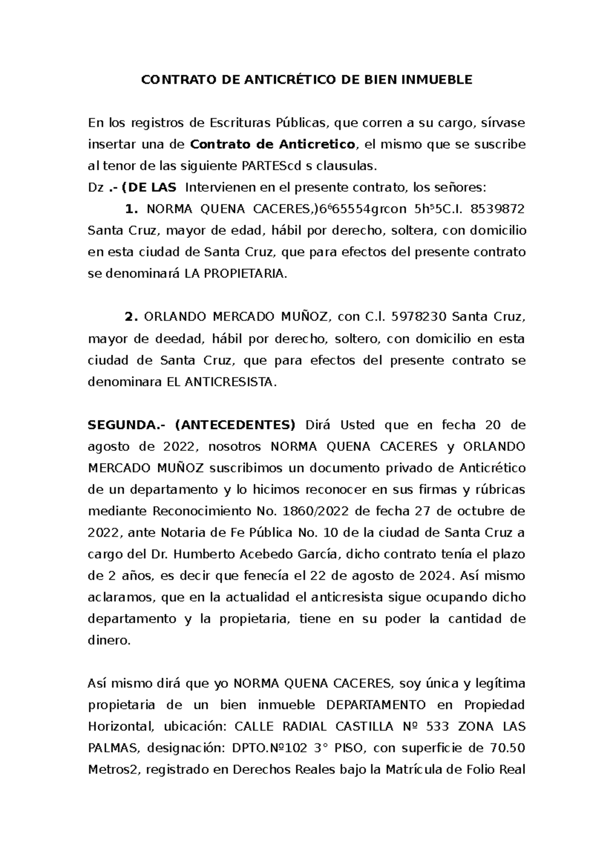 Modelo de Contrato de Anticrético en Bolivia: Ejemplo y Cláusulas - Studocu