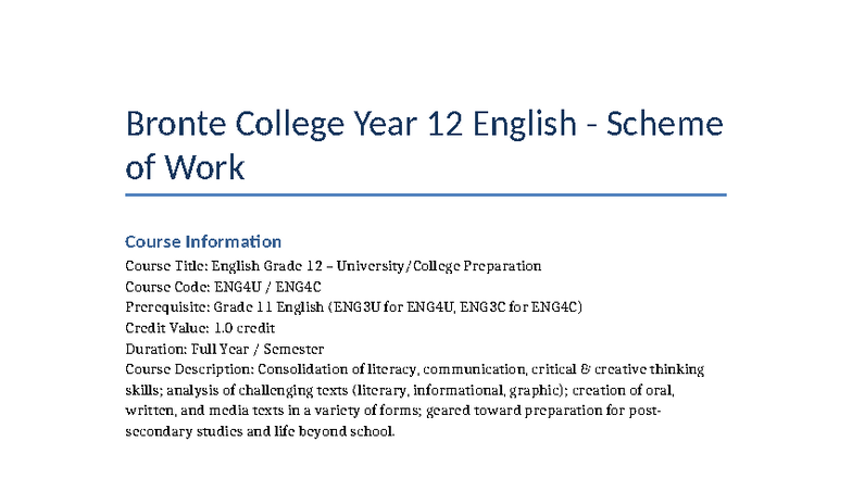 Bronte College ENG4U/ENG4C Year 12 English Scheme of Work - Studocu