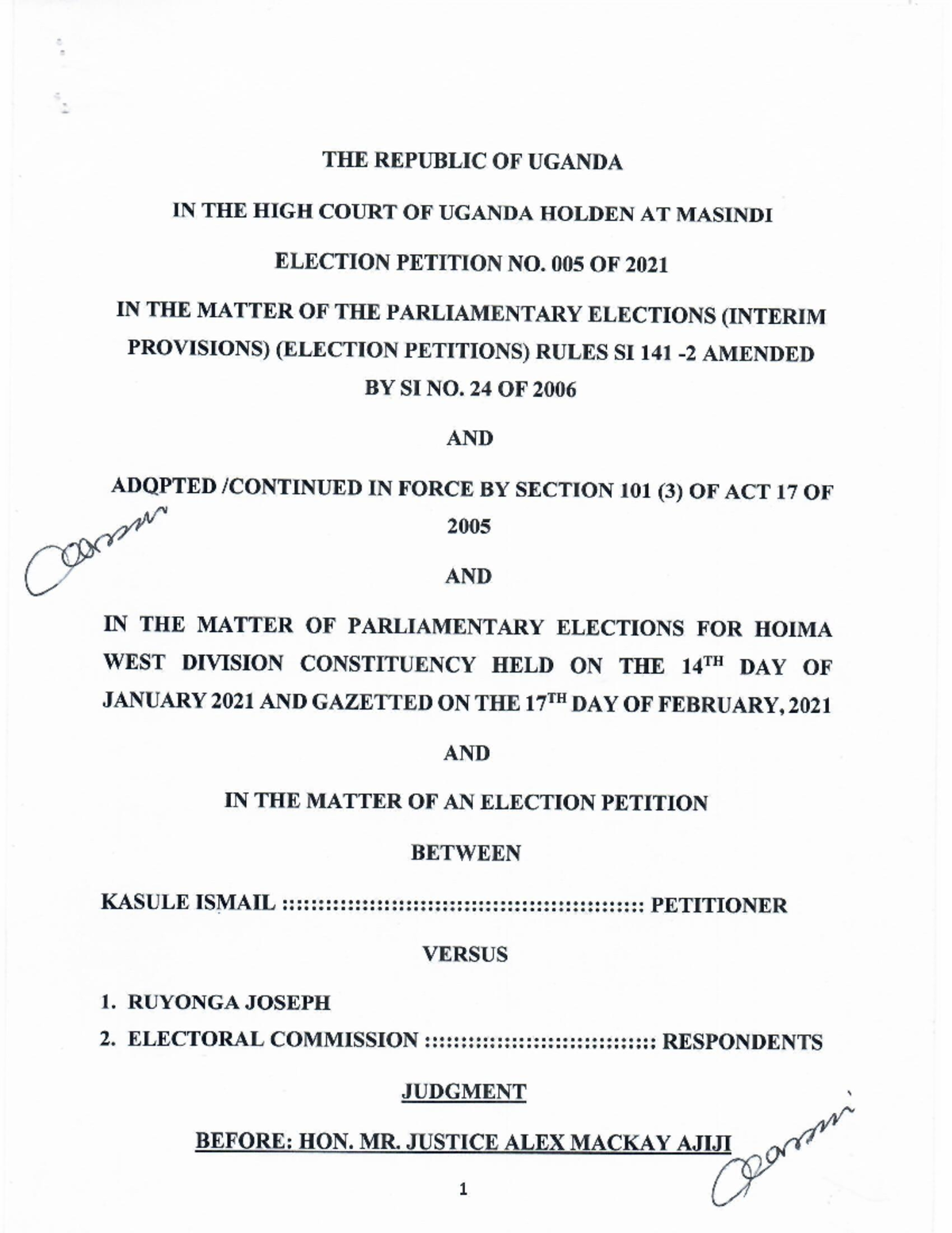 Kasule v Ruyonga: Judgment on Election Petition No. 005 of 2021 - Studocu