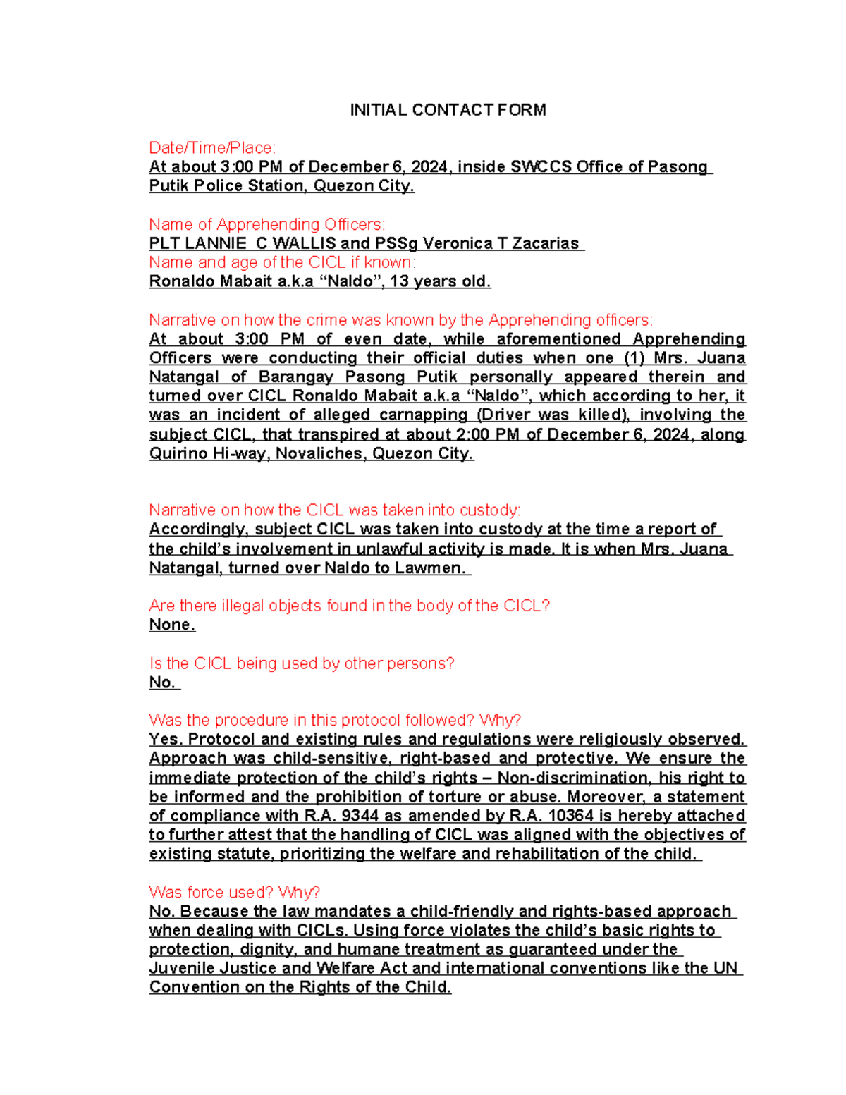 Group 1, IC and Referral Forms - INITIAL CONTACT FORM Date/Time/Place ...