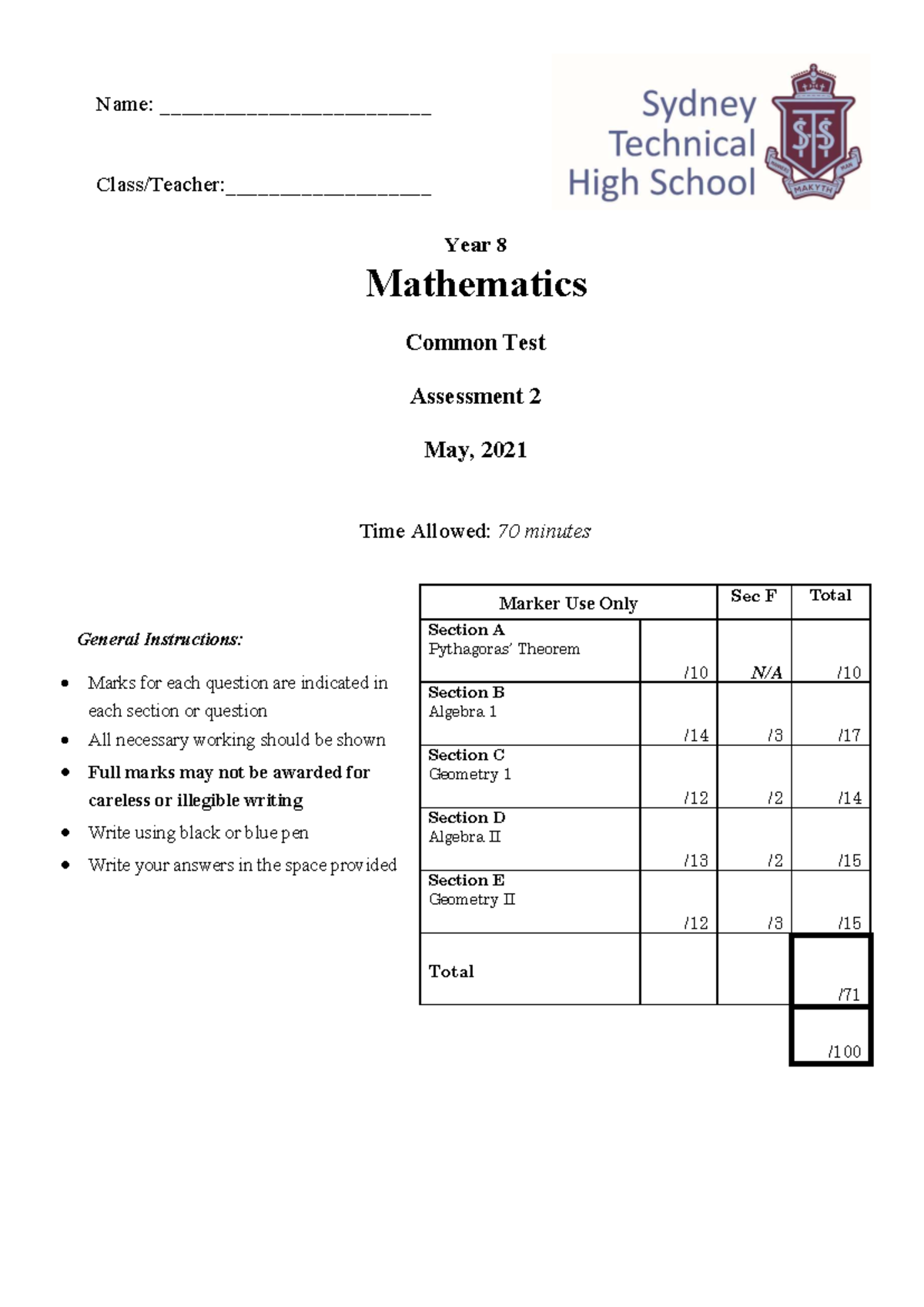 Year 8 Mathematics Common Test Assessment 2 - May 2021 - Studocu