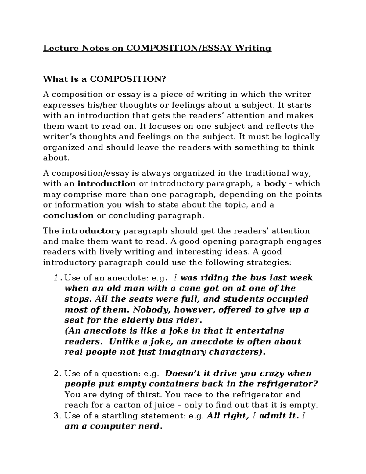 COMPOSITION/ESSAY Writing Lecture Notes & Structure Guide - Studocu