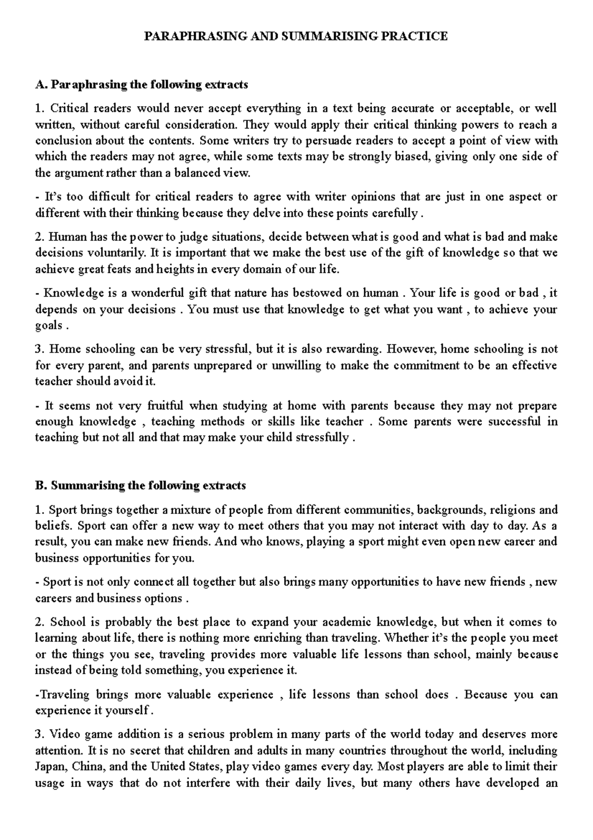 Paraphrasing and summarising practice - PARAPHRASING AND SUMMARISING ...