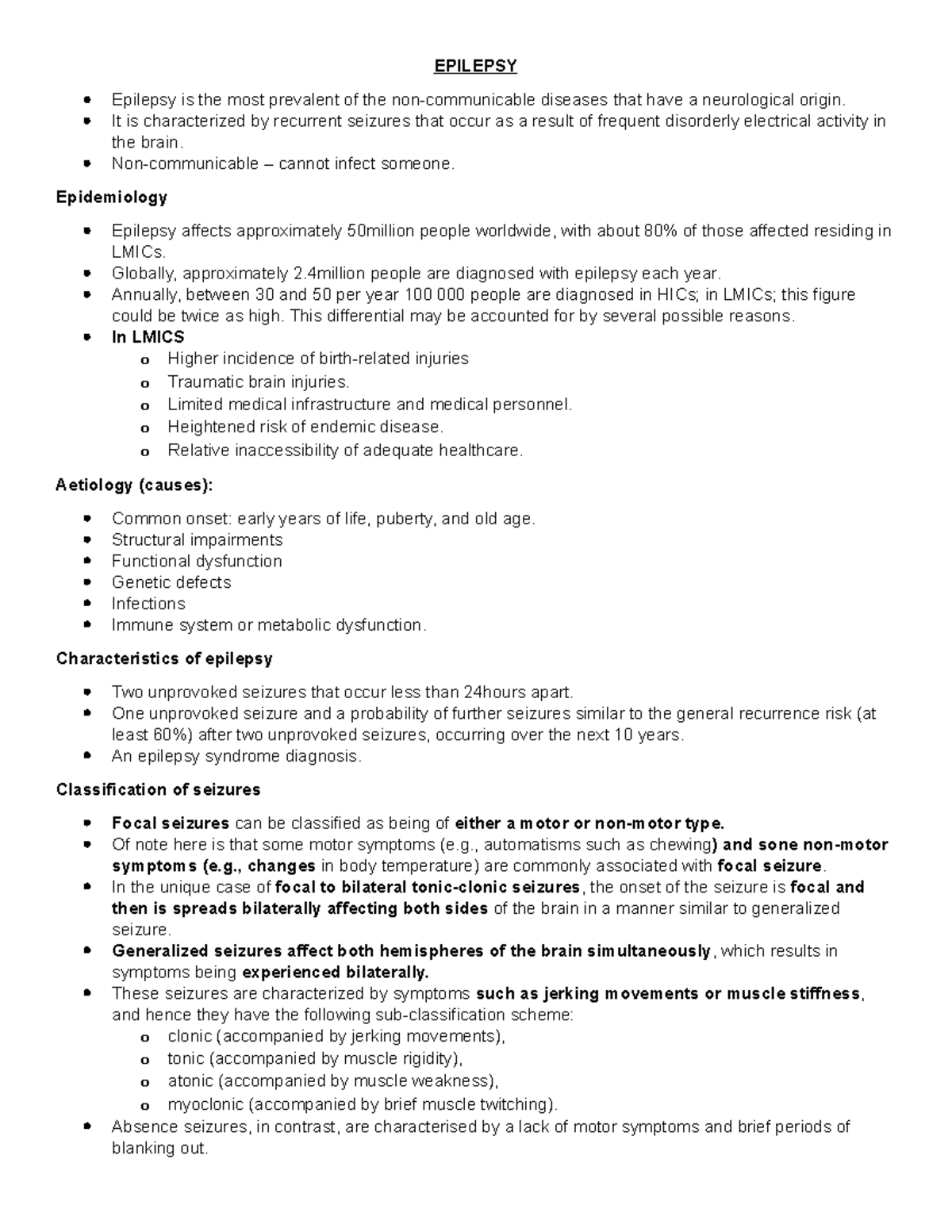 Epilepsy - Lecture Notes on Seizure Types & Clinical Aspects - Studocu
