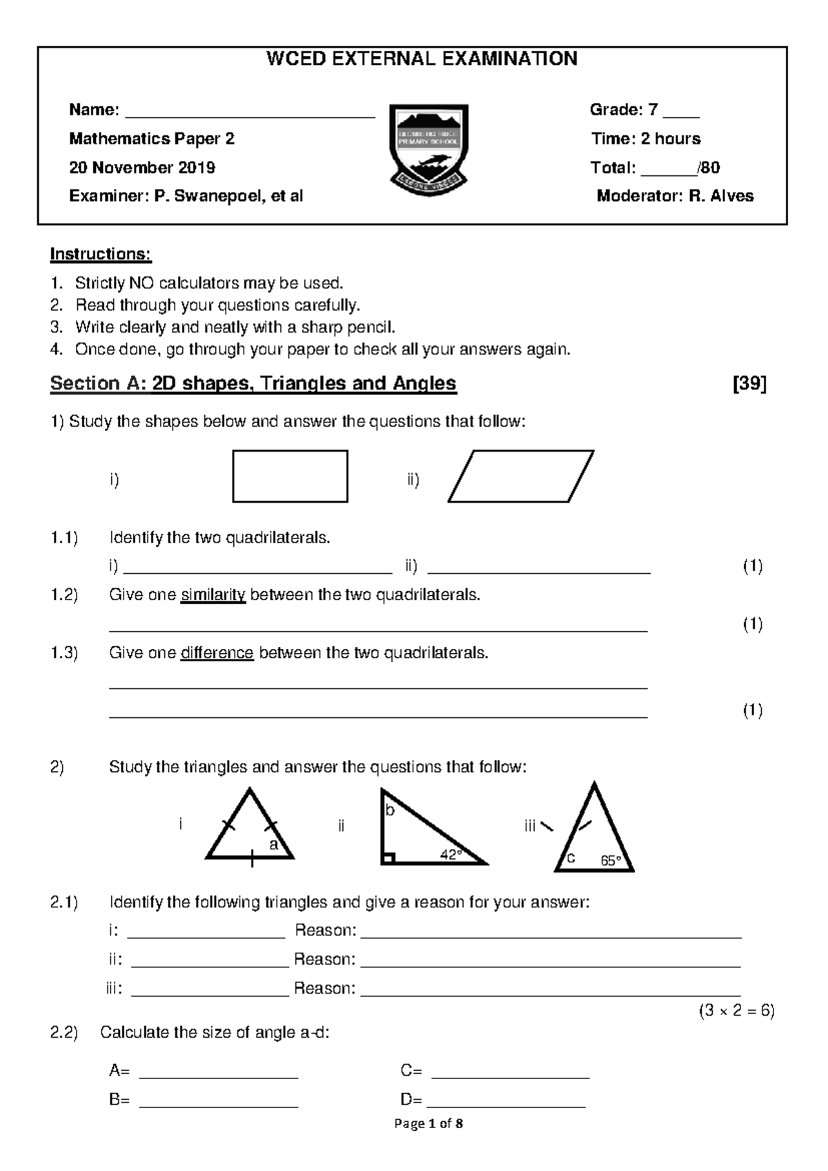 Grade 7 Math Final Exam P2 2019: Key Questions & Instructions - Studocu