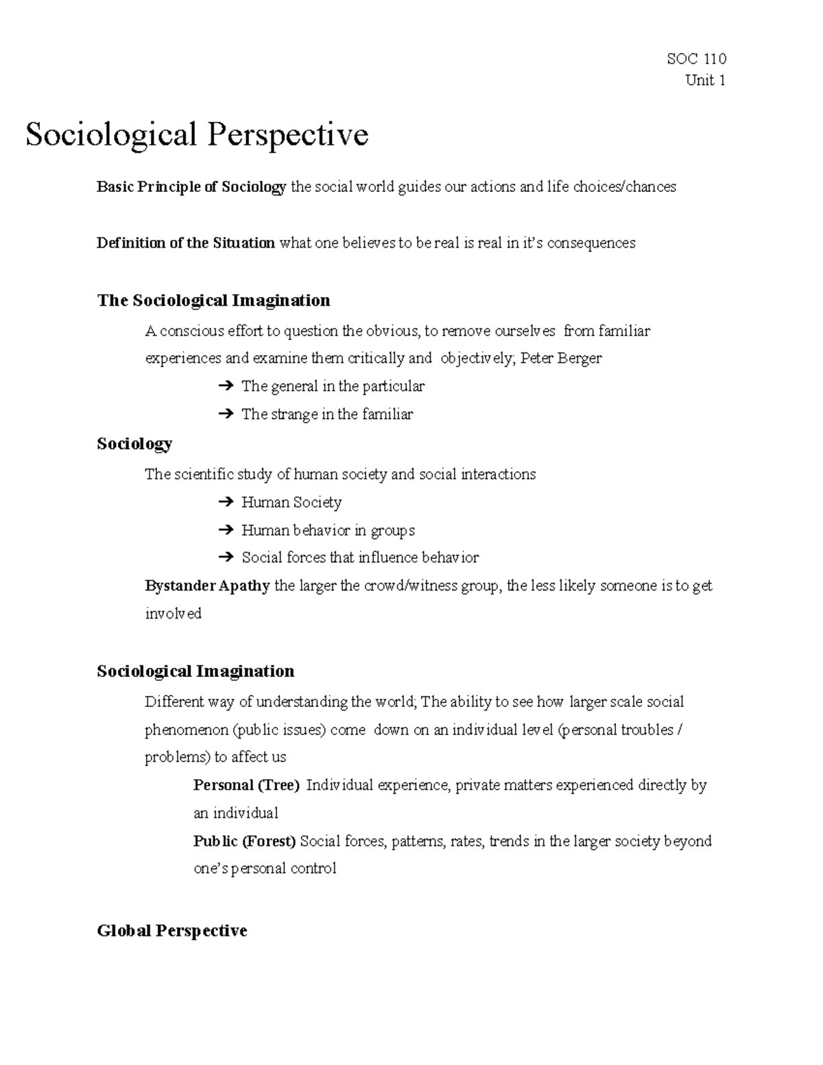 SOC 110 Unit 1: Key Concepts in Sociology and Sociological Perspectives ...
