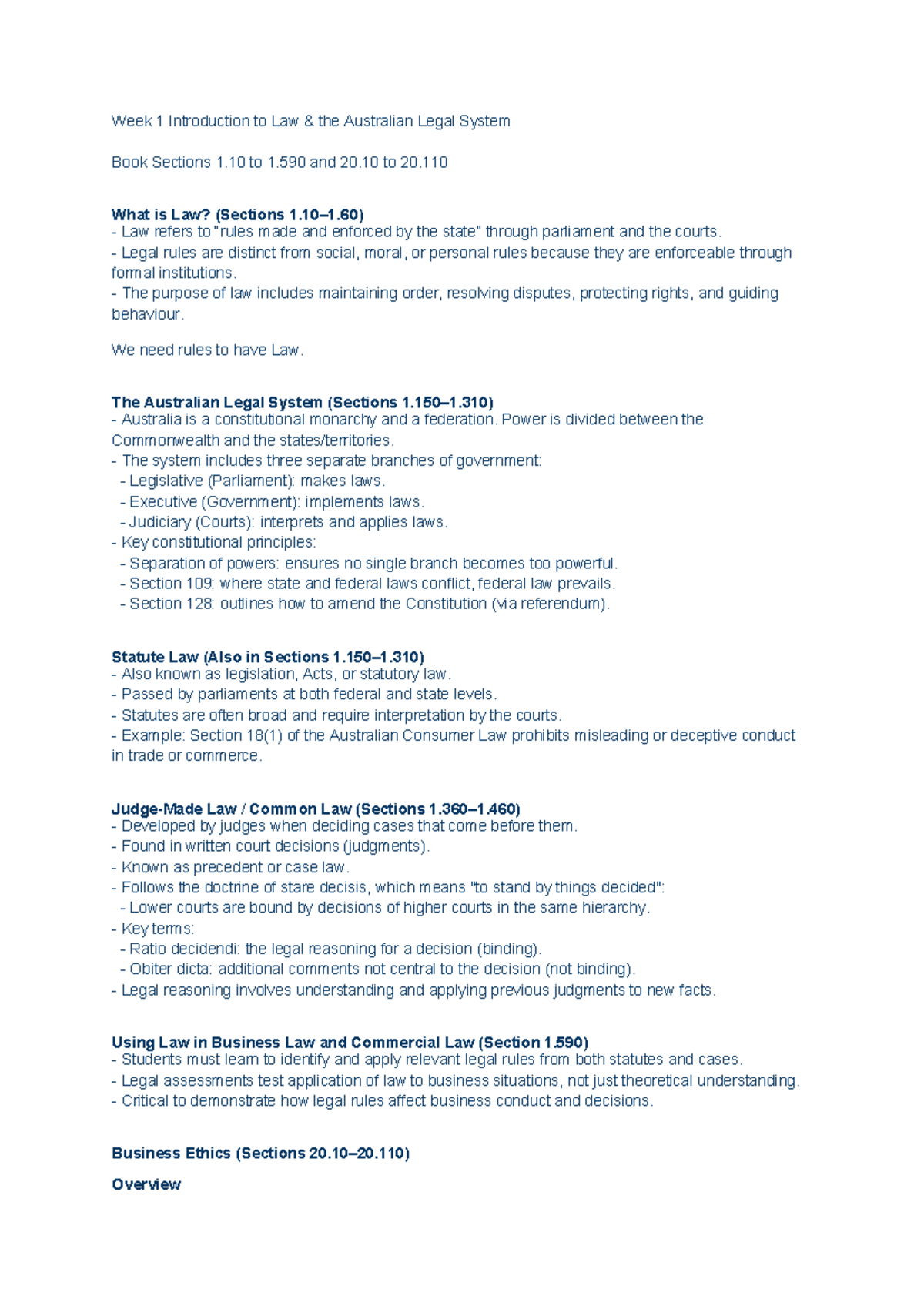 BTF1010 Week 1-8: Introduction to Law & Australian Legal System Notes ...