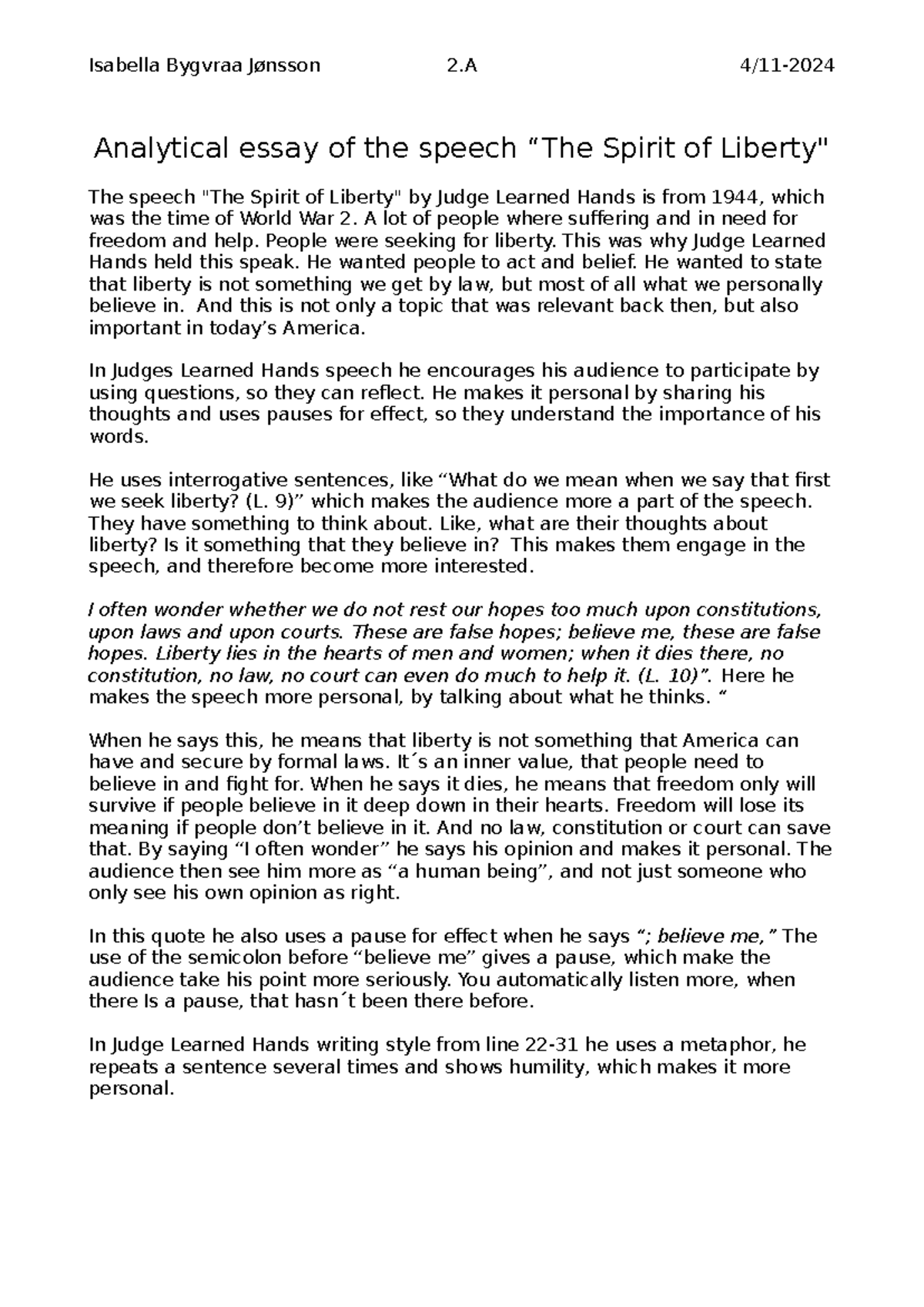 Analytical Essay on Judge Learned Hand's Speech (2.A) - Studocu