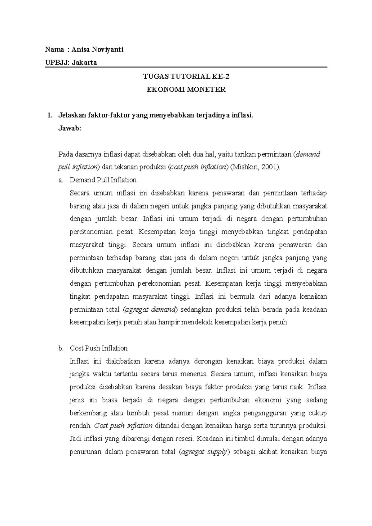 Tugas 2 ESPA4227 - Analisis Faktor Penyebab Inflasi dan Dampaknya - Studocu