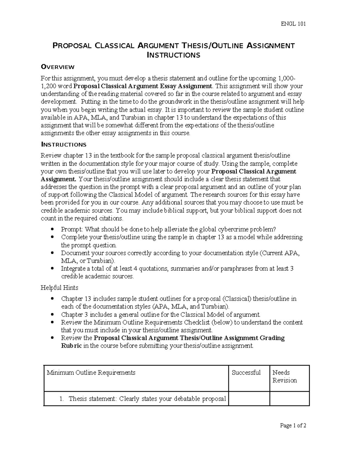 ENGL 101 Proposal Classical Argument Thesis/Outline Assignment Guide ...