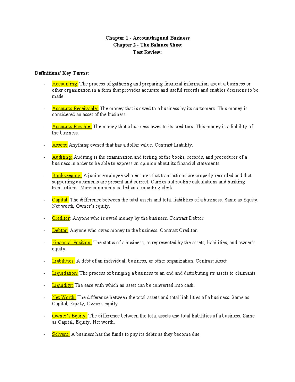 Chapter 1 & 2 Accounting and Business Balance Sheet Test Review - Studocu