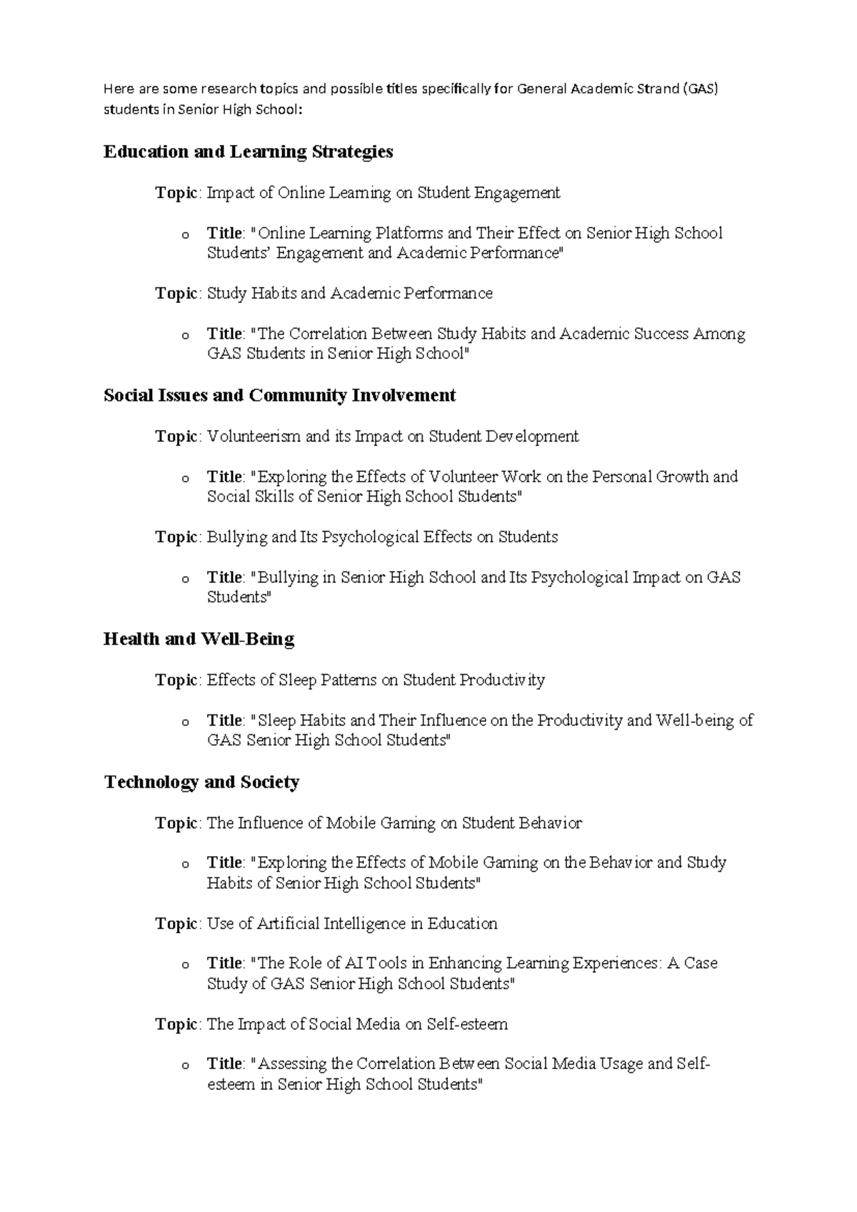 Research Title Ideas for GAS Students in Senior High School - Studocu