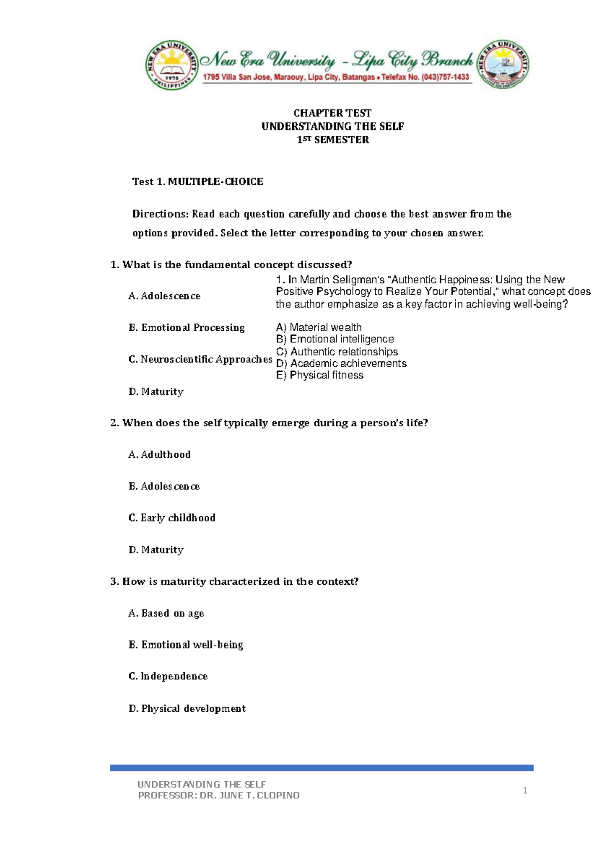 Understanding the Self: Chapter Test UTS (1st Semester) - Studocu