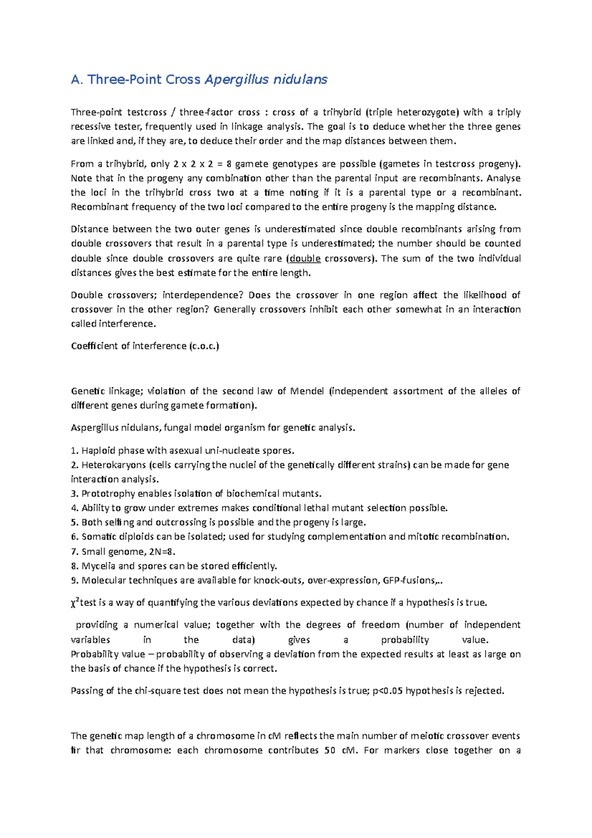Overview practicals - A. Three-Point Cross Apergillus nidulans Three ...