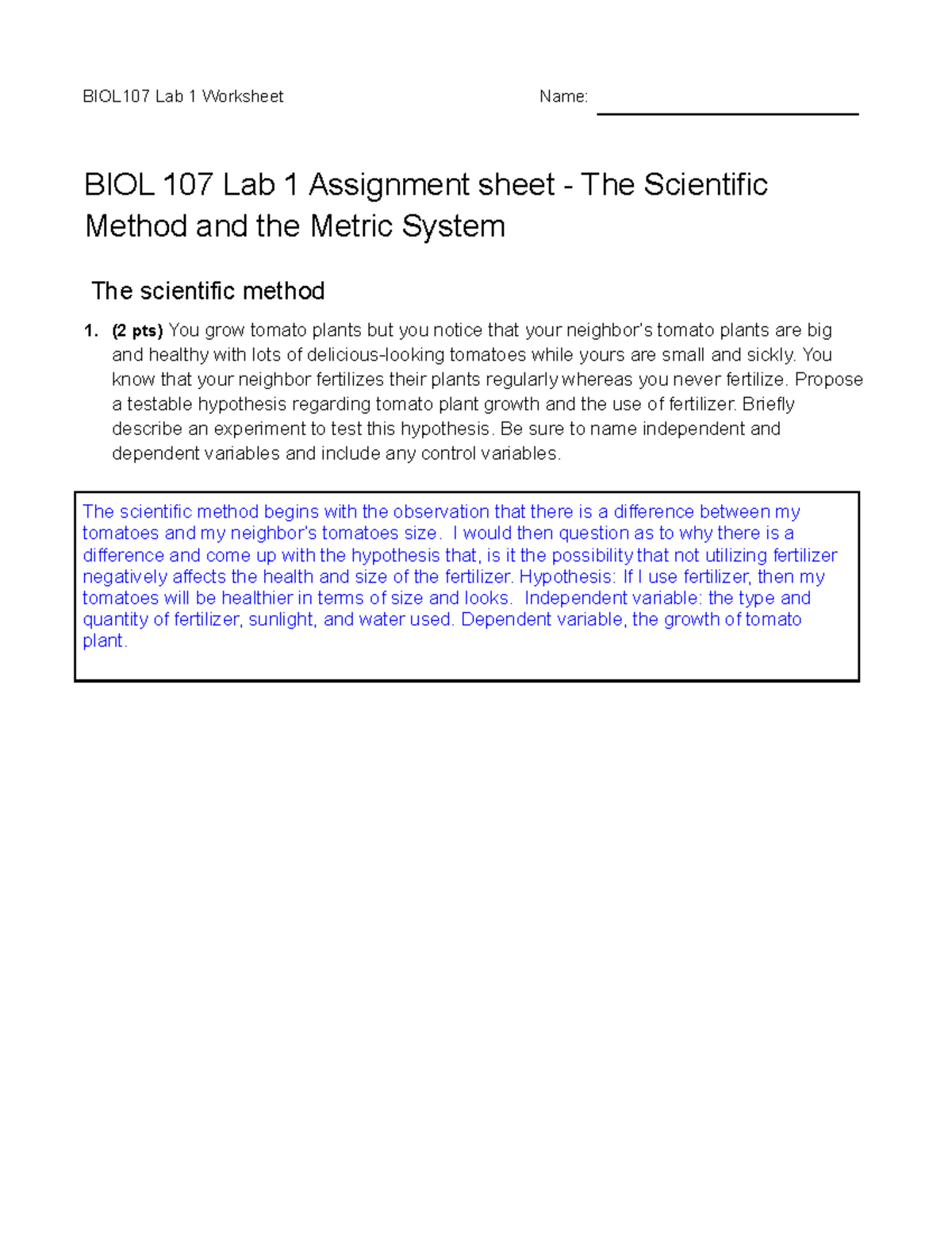 BIOL107 Lab 01 Worksheet: Scientific Method & Metric System Practice ...