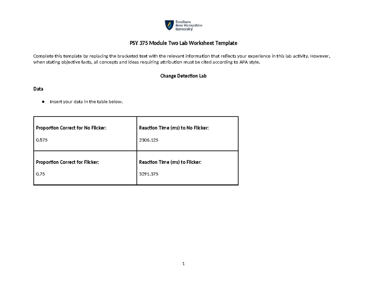 PSY 375 Module Five Lab Worksheet: Word Superiority & Lexical Decision ...