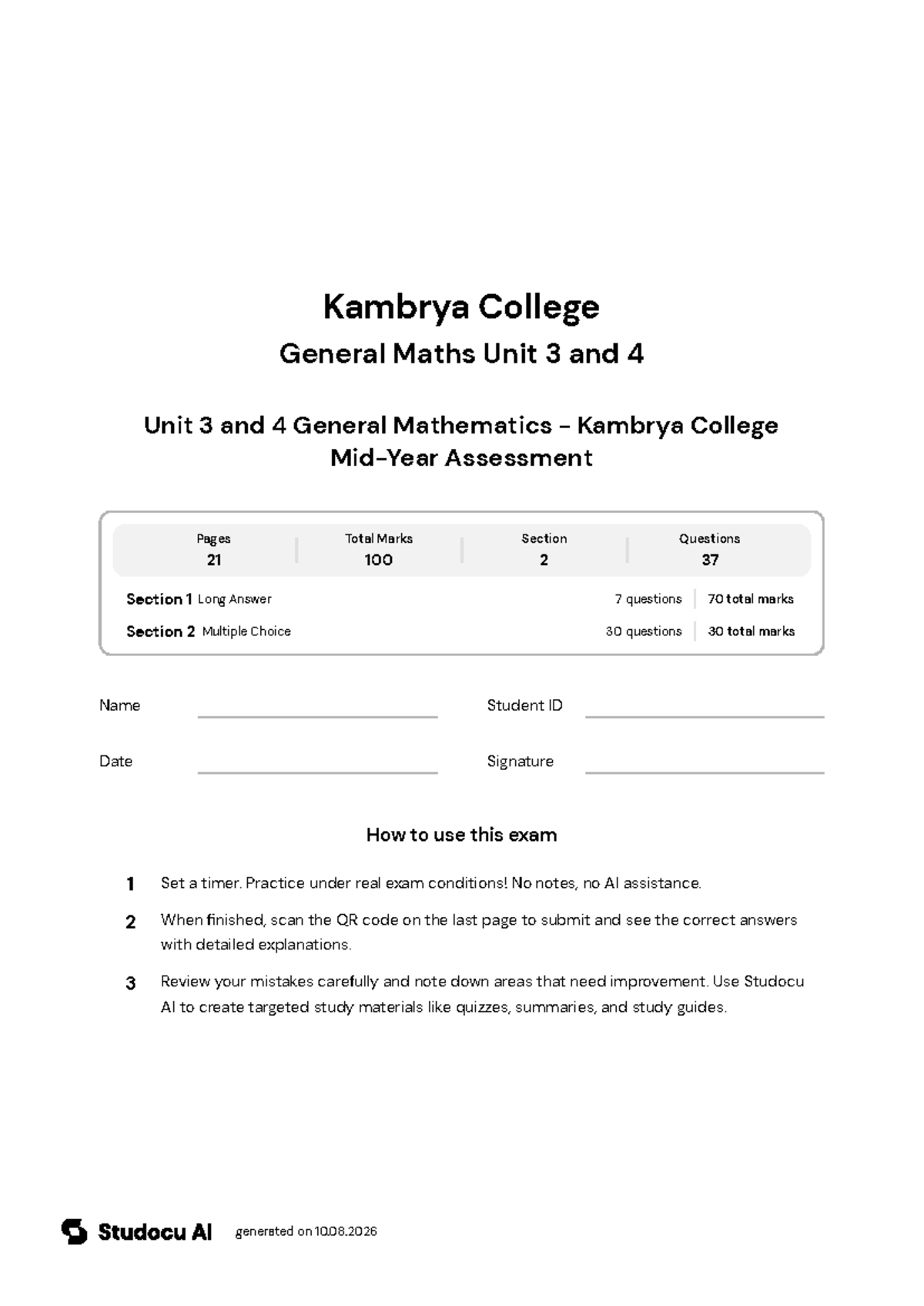 Kambrya College General Math Mid-Year Assessment - Studocu