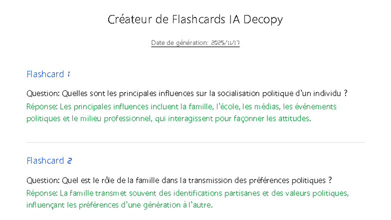 Flashcards IA sur la Socialisation Politique - Cours 2 - Studocu