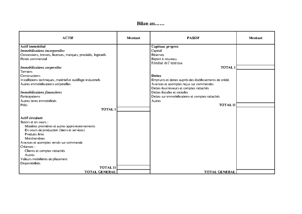 Modèle de Bilan Comptable à Compléter - Document Pratique - Studocu