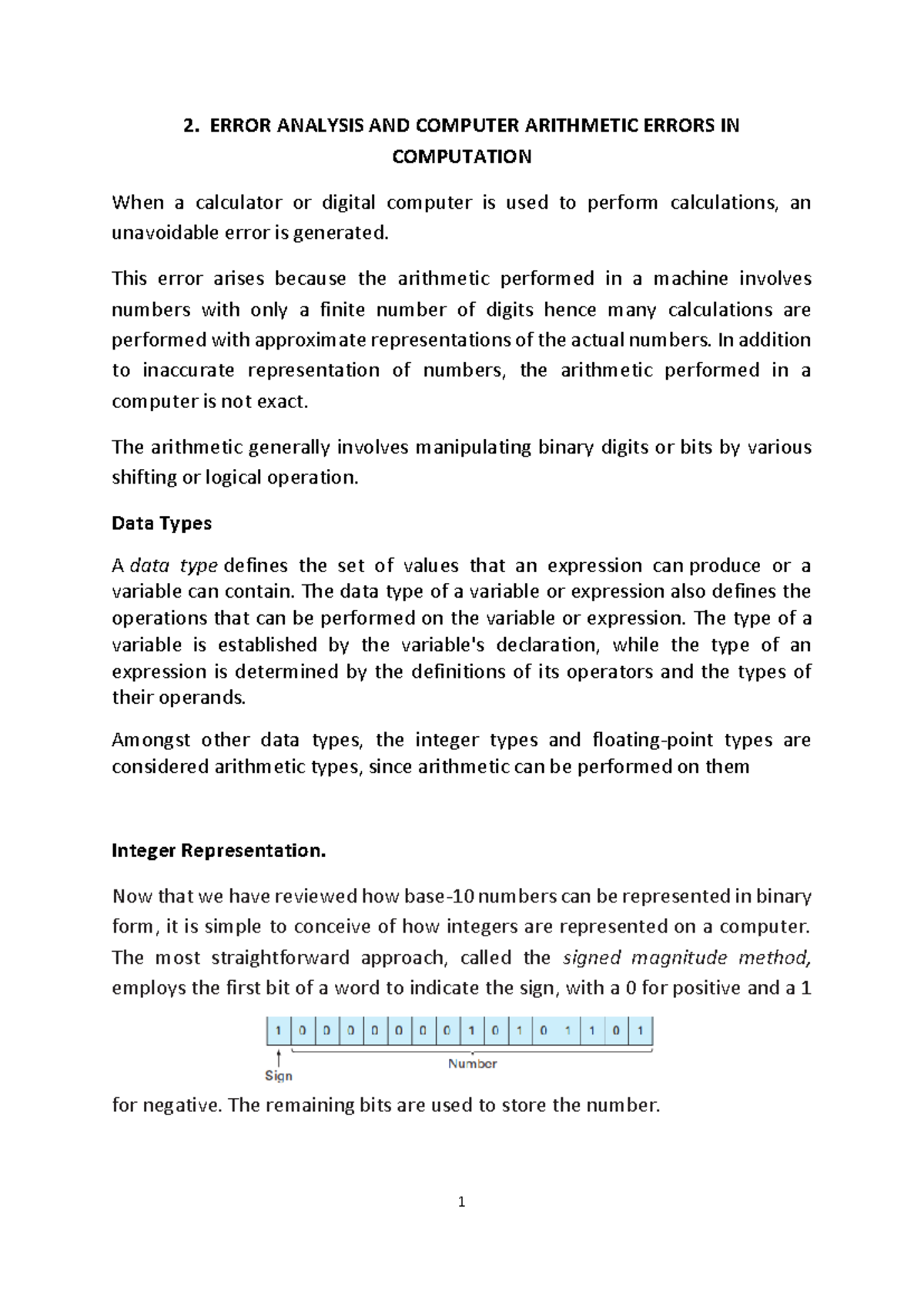 Error Analysis and Computer Arithmetic Errors in Computation (CS 101 ...