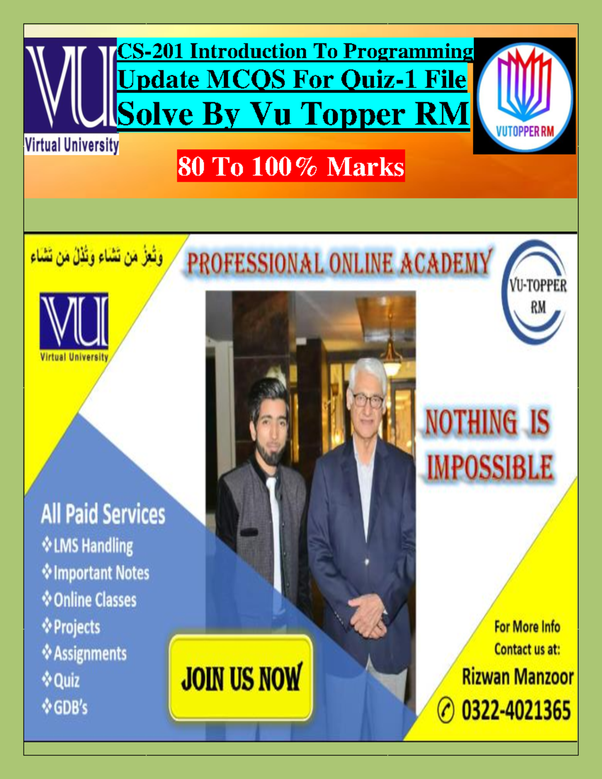 CS201 Quiz-1 MCQS Update by Vu Topper RM for High Scores - Studocu