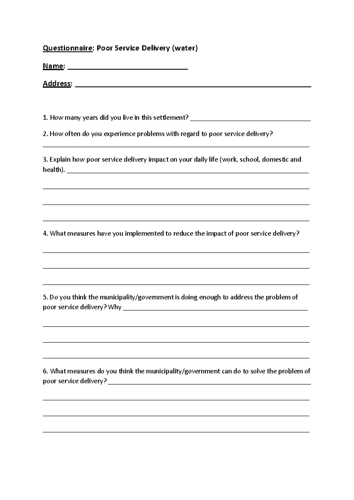 Past activity an work - Questionnaire: Poor Service Delivery (water ...