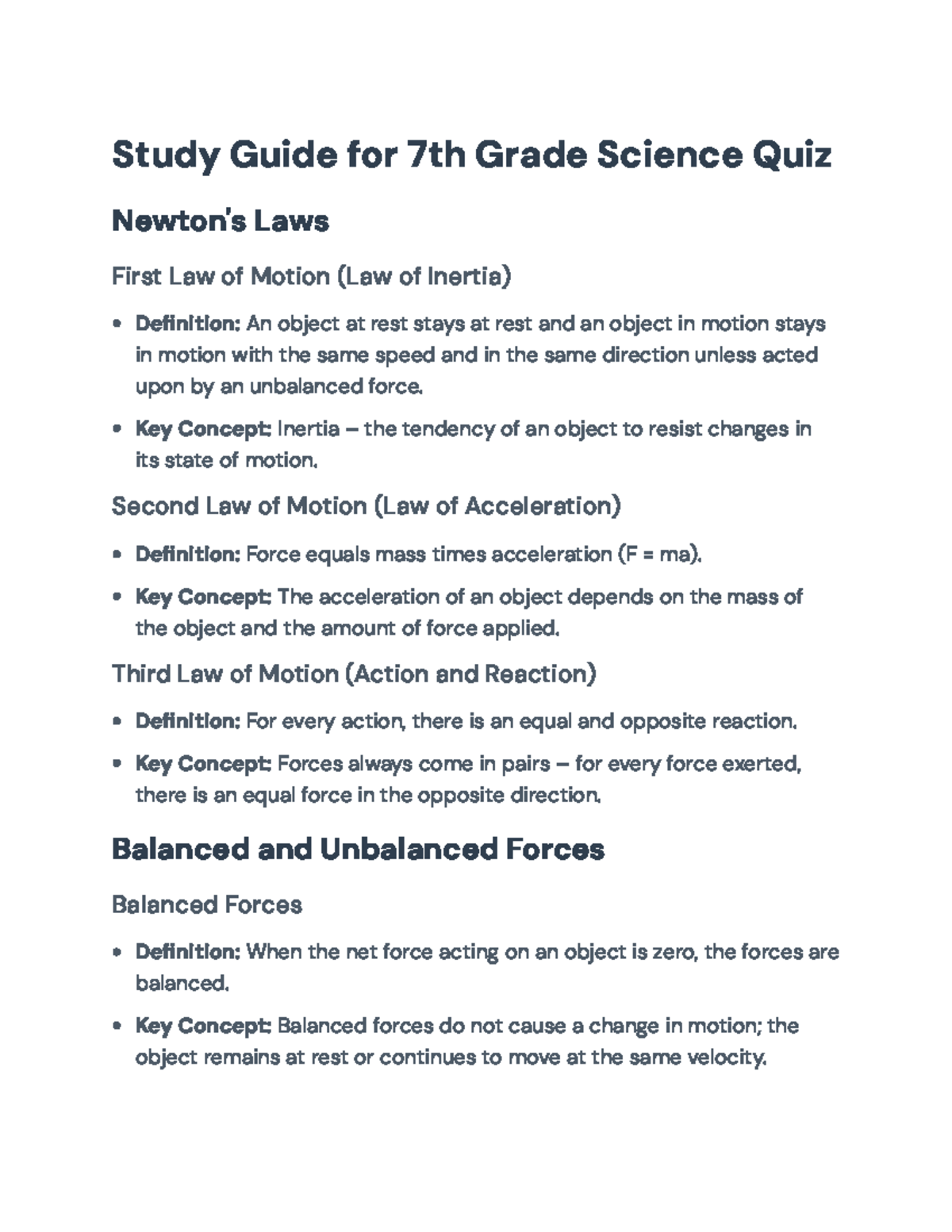 7th Grade Science Quiz Study Guide: Newton's Laws of Motion - Study ...