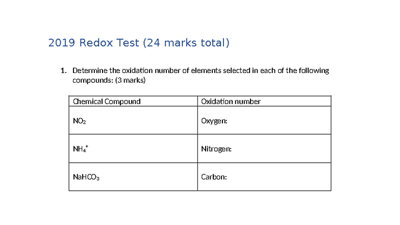 2019 Redox Test: Oxidation and Reduction Concepts Explained - Studocu