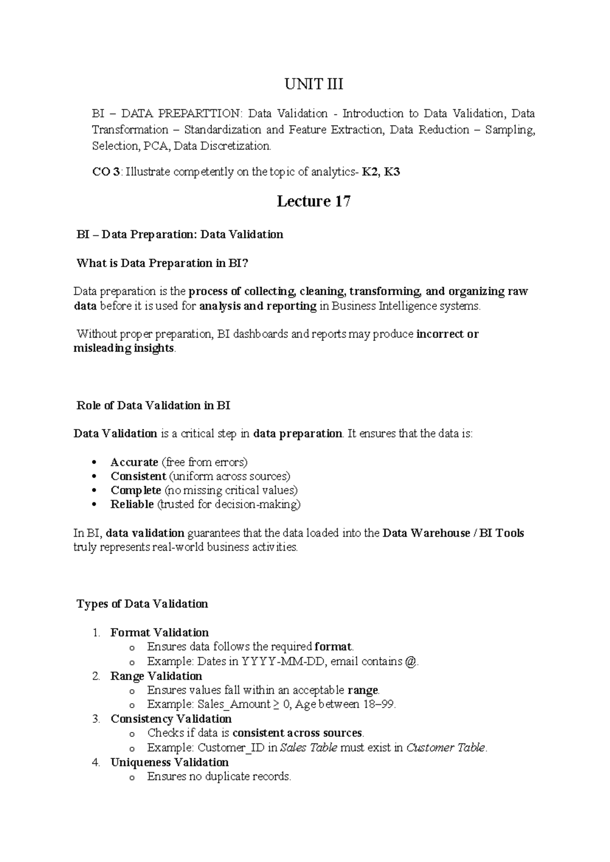 H BI&A Unit 3: Data Validation, Transformation, and Reduction ...