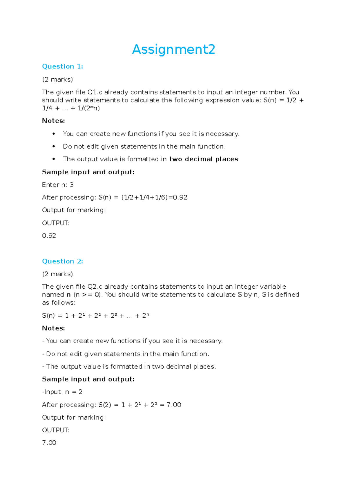Assignment 2: Programming Tasks and Outputs (Q1-Q4) - Studocu