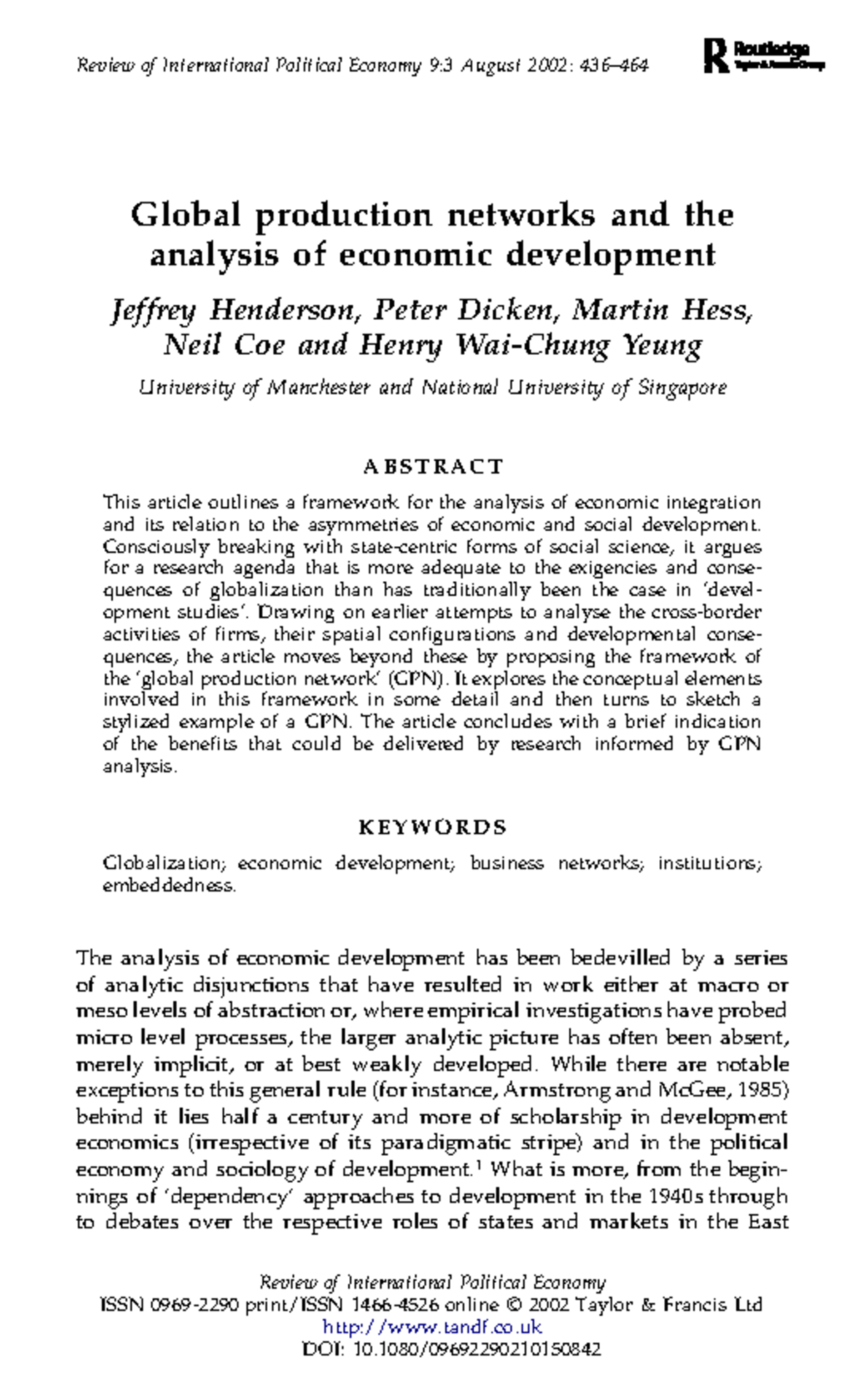 Global Production Networks and Economic Development Analysis (IPE 9:3 ...
