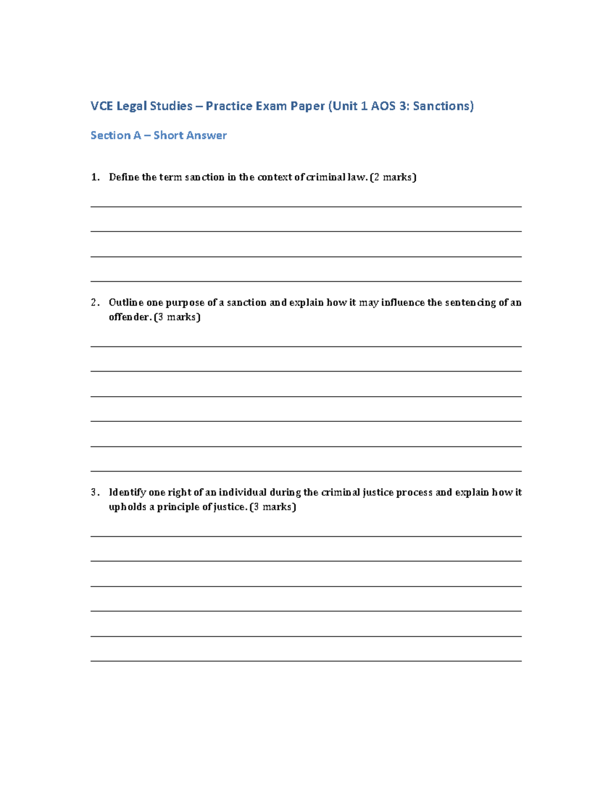 VCE Legal Studies Unit 1 AOS 3: Sanctions Practice Exam Paper - Studocu
