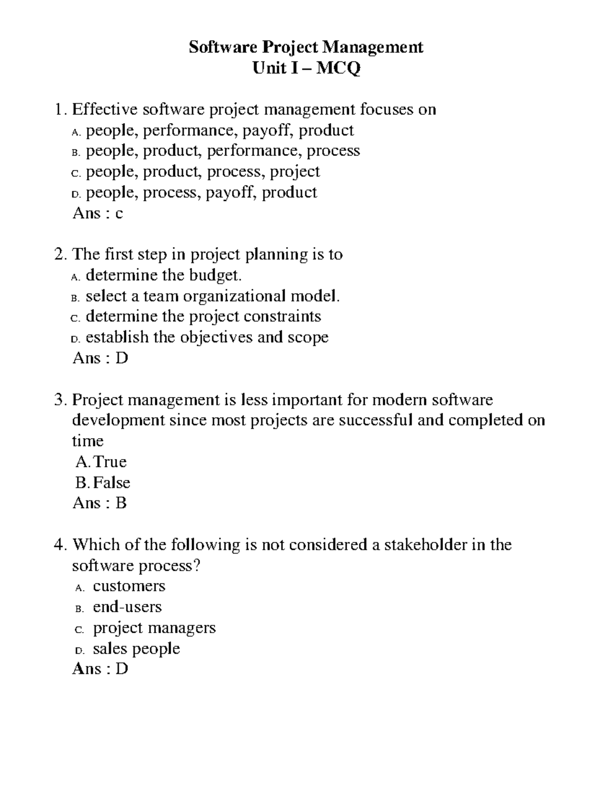 Software Project Management (CS101) Unit I MCQs - Studocu