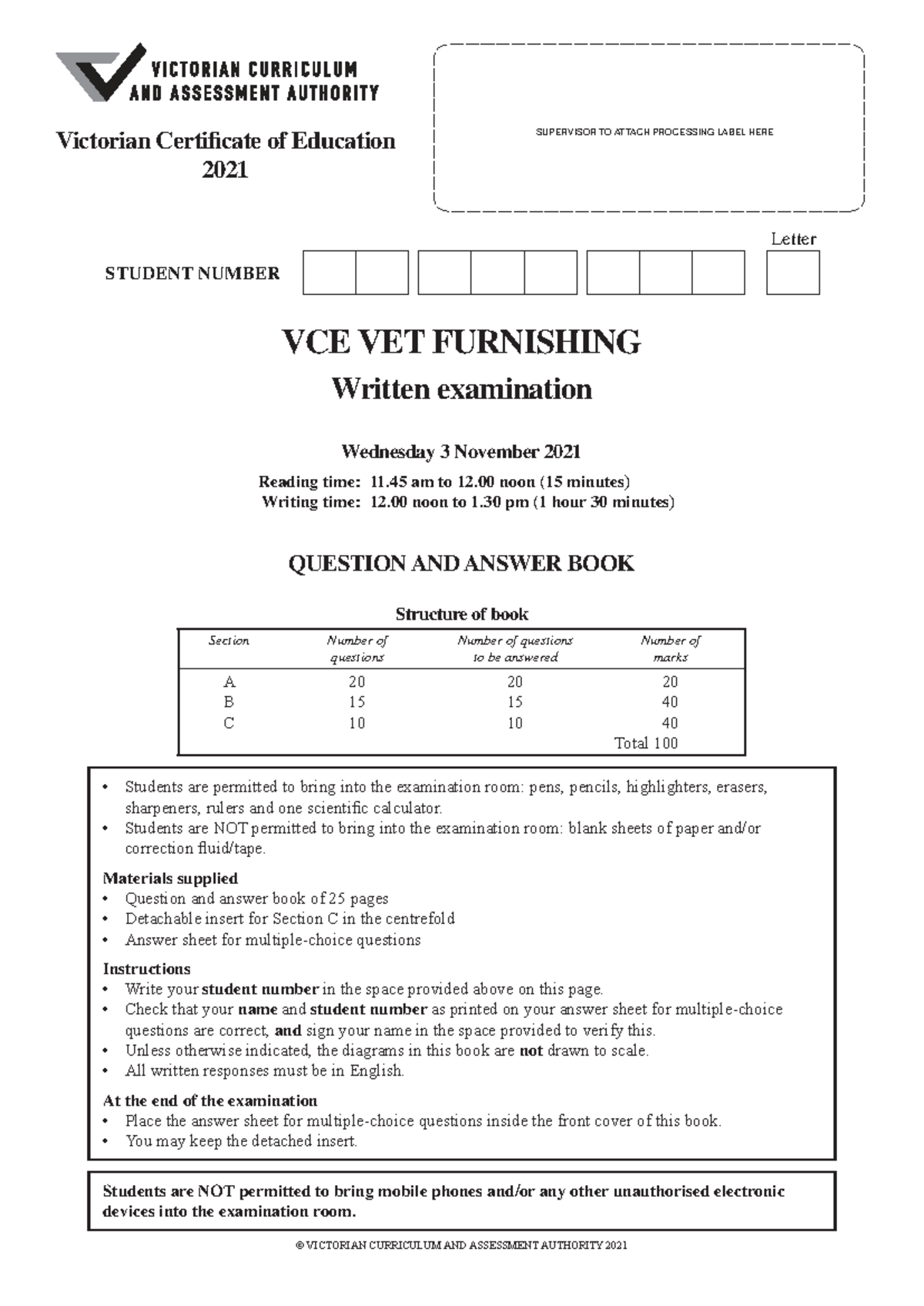 2021 VET FURNISHING Written Exam - Question & Answer Book - Studocu