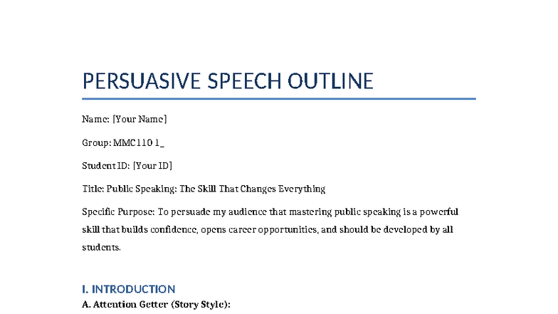 MMC110 1_ Persuasive Speech Outline: Mastering Public Speaking Skills ...