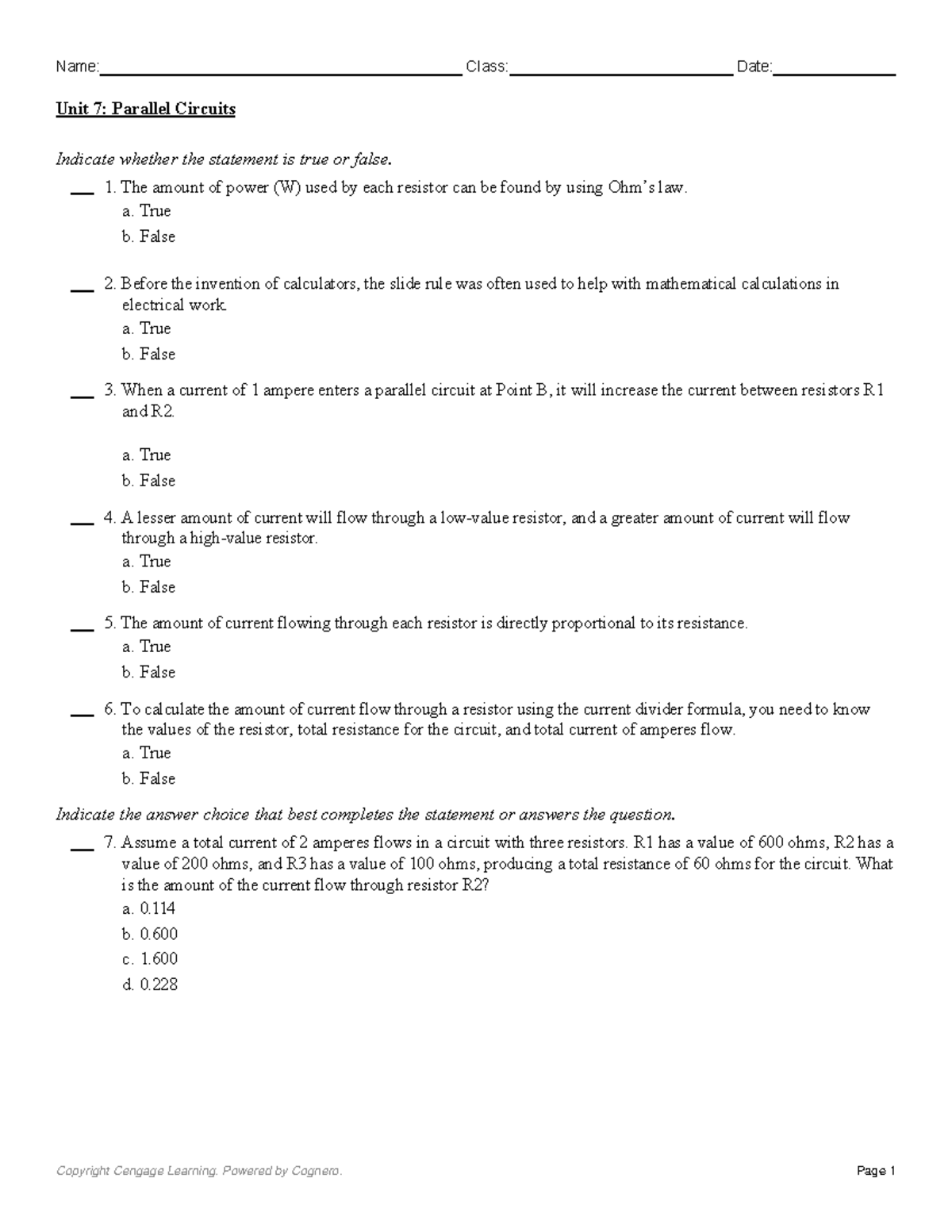 Unit 7: Parallel Circuits Quiz - True/False & Problem Solving - Studocu