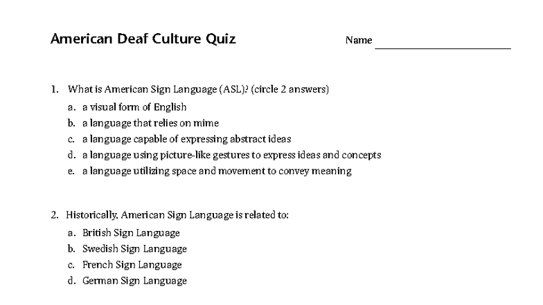 Deaf Culture Quiz: Understanding American Sign Language - Studocu