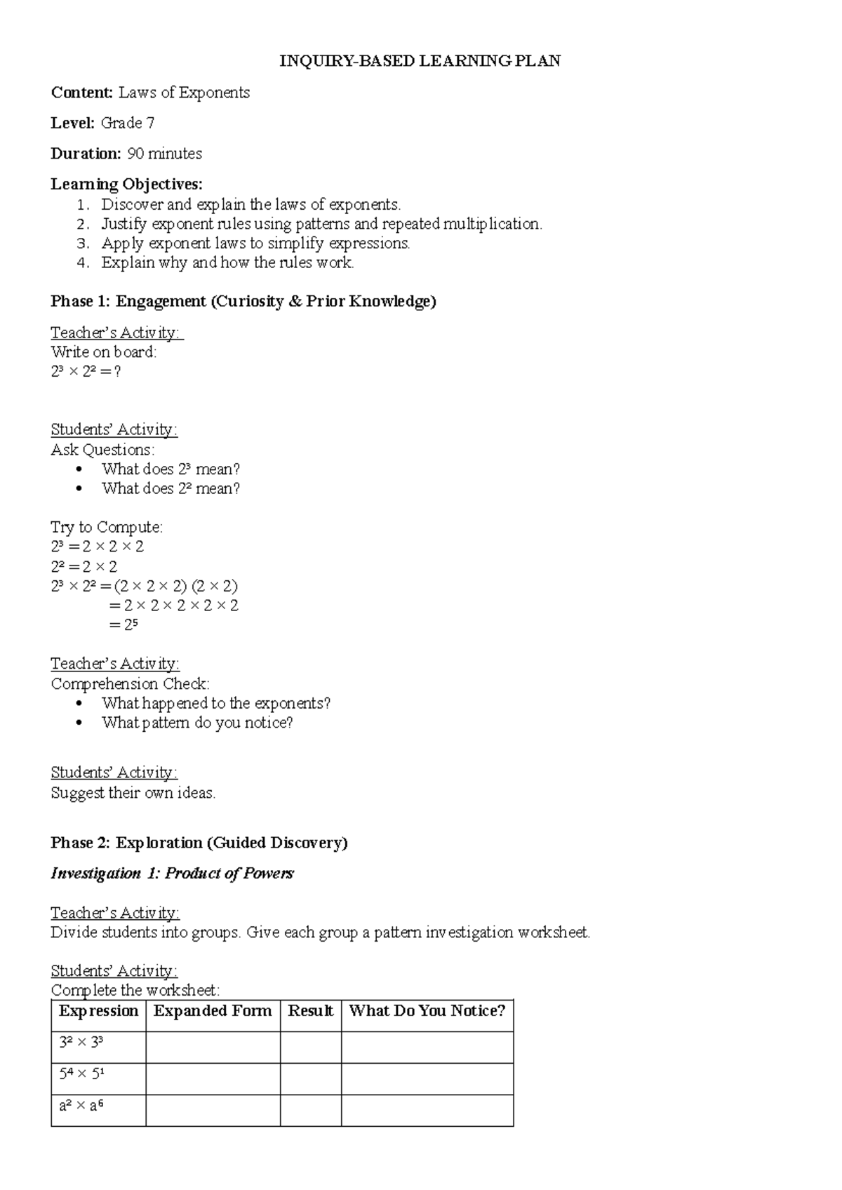 Inquiry-Based Learning Plan: Laws of Exponents for Grade 7 - Studocu