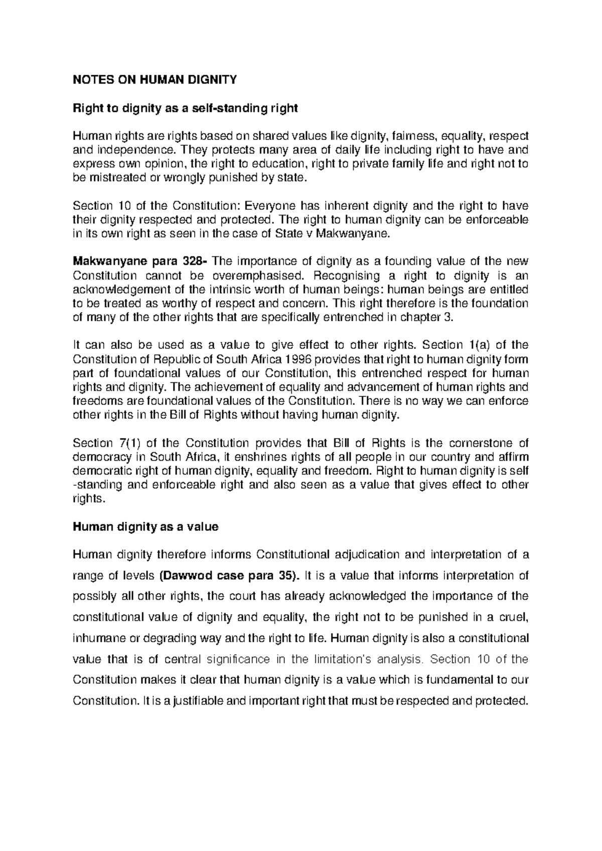 Notes on Human Dignity: Legal Perspectives and Constitutional Rights ...