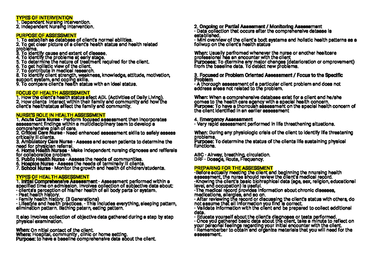 Health Assessment: Nursing Handout 1 - Comprehensive Overview - Studocu